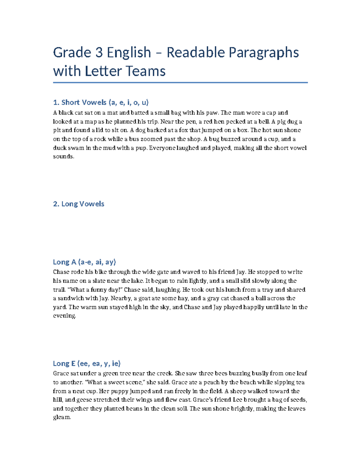 Grade 3 English Workbook: Readable Paragraphs & Vowel Teams - Studocu