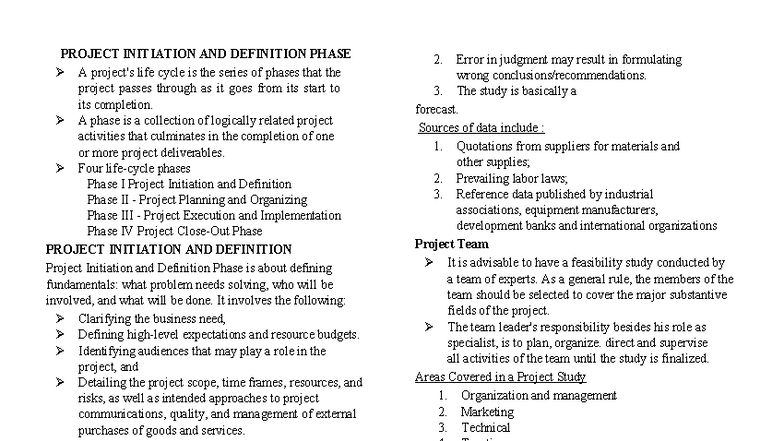 Project Initiation and Definition Phase: Key Activities and Tools - Studocu