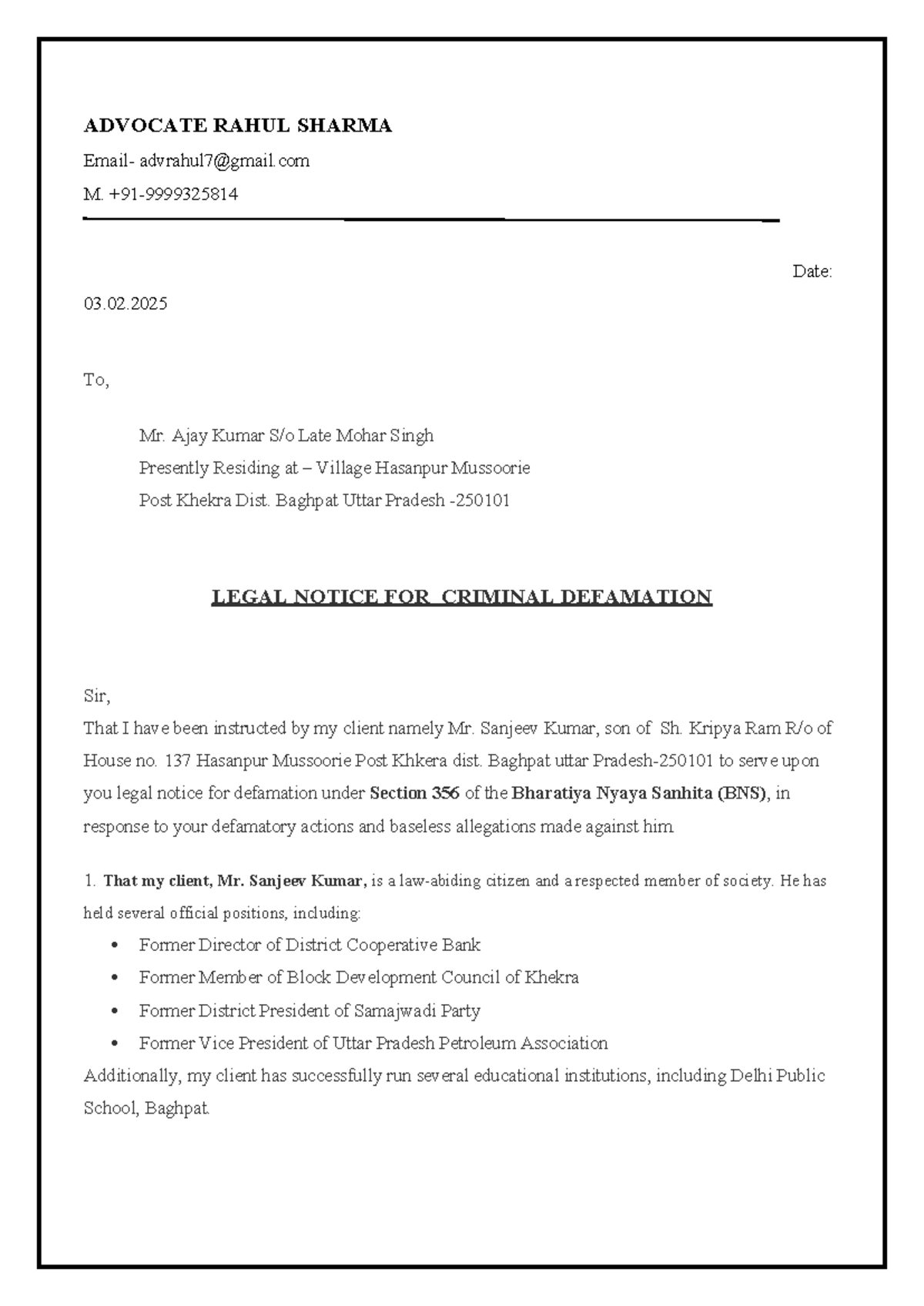 Legal Notice for Criminal Defamation - Case of Sanjeev Kumar - Studocu