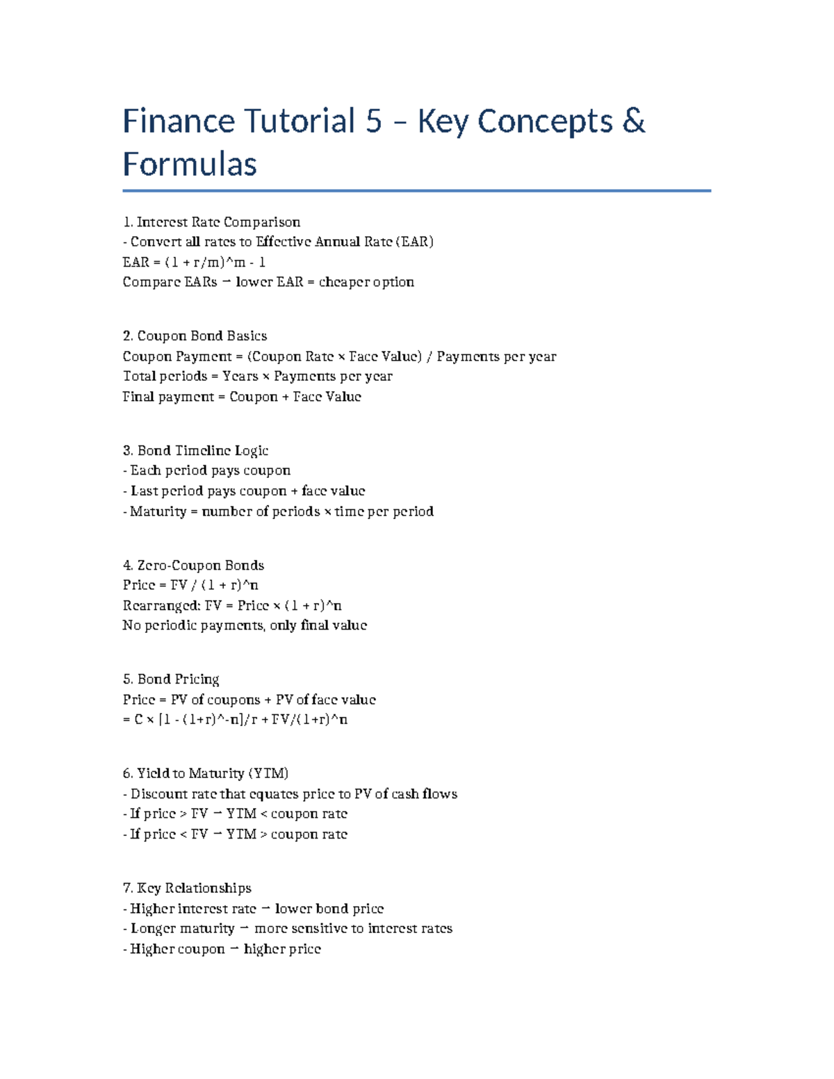Finance Tutorial 5: Key Concepts & Formulas in Bond Pricing - Studocu