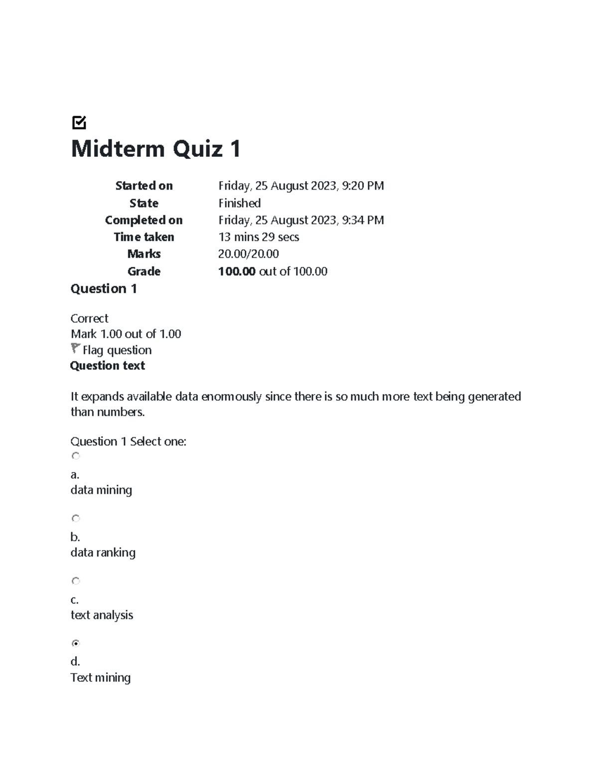 Midterm Quiz 1 Data Analysis Midterm Quiz 1 Started On Friday 25