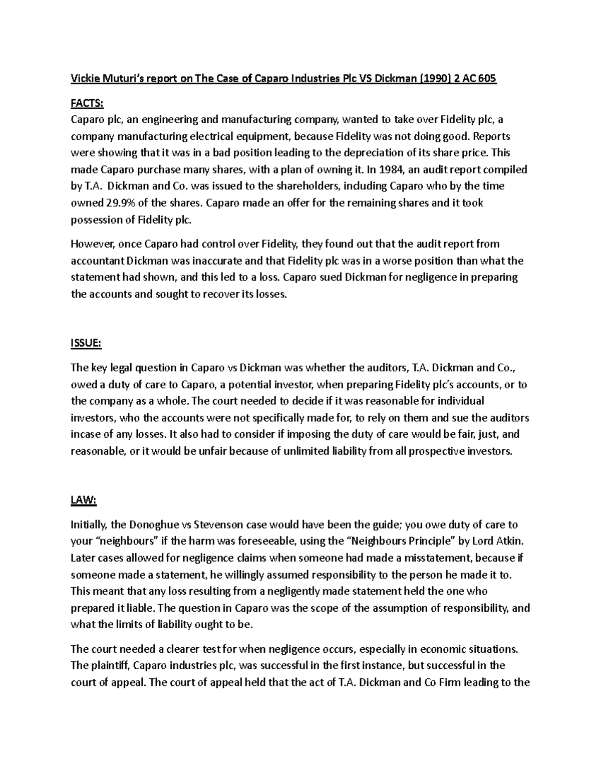Caparo vs Dickman: Duty of Care in Negligence Law Analysis - Studocu