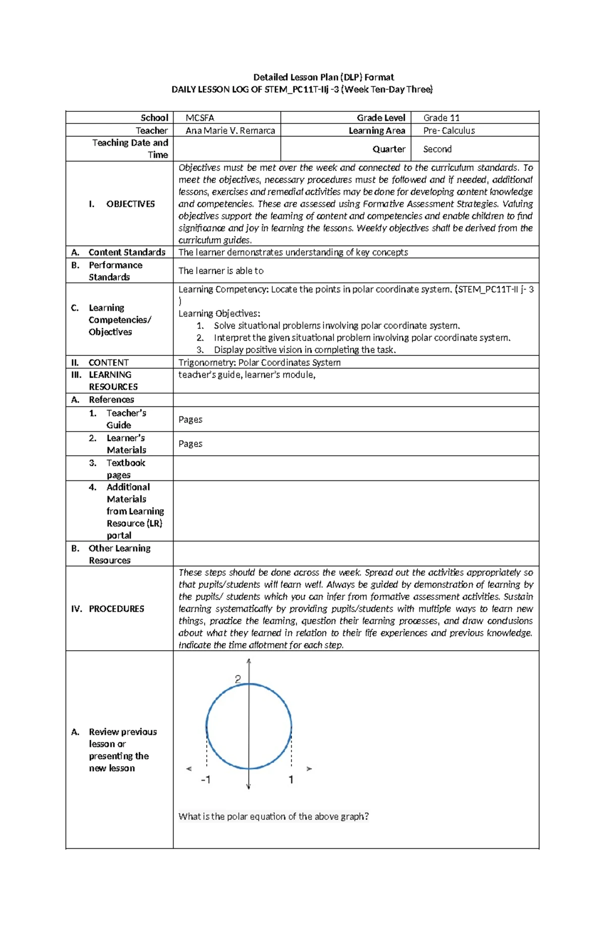 PC II-40 - Pre-Calculus Lesson Plan: Polar Coordinates & Applications ...