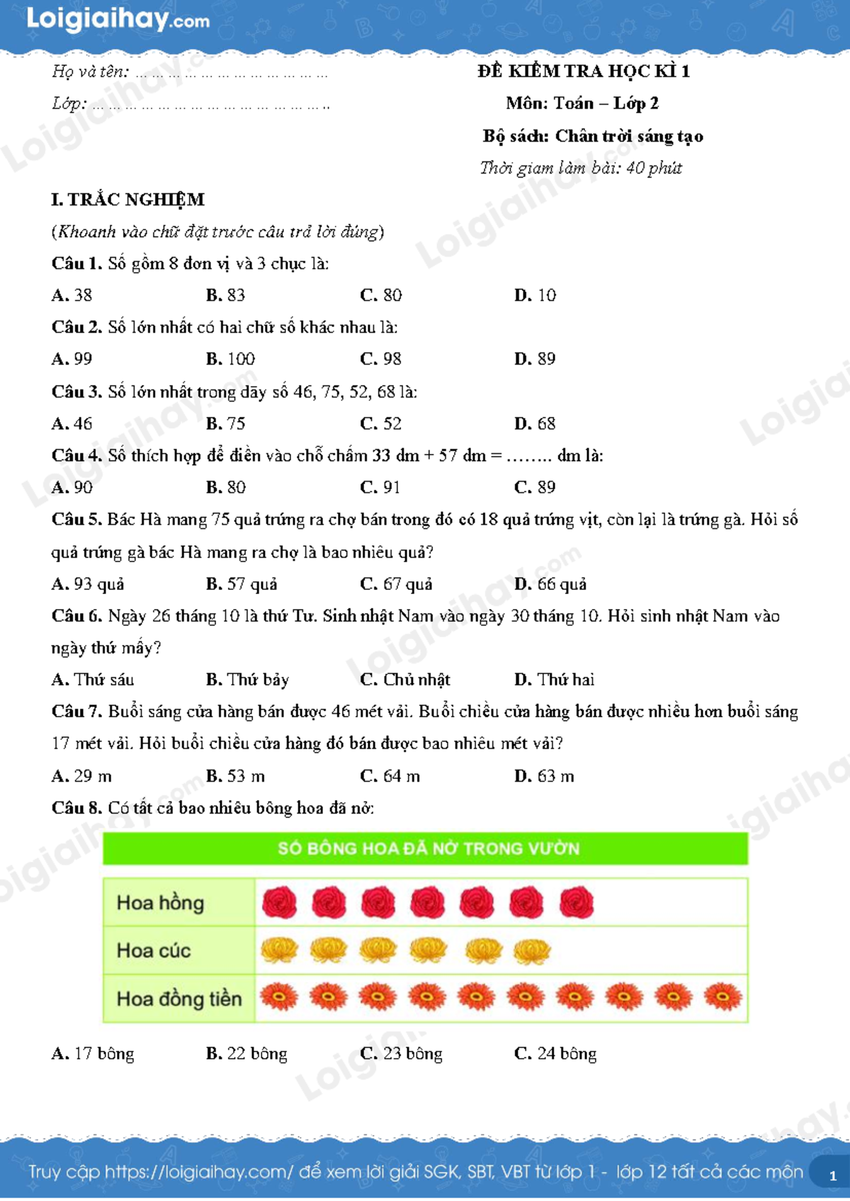 Đề Kiểm Tra Học Kì 1 Môn Toán 2 - Chân Trời Sáng Tạo - Studocu