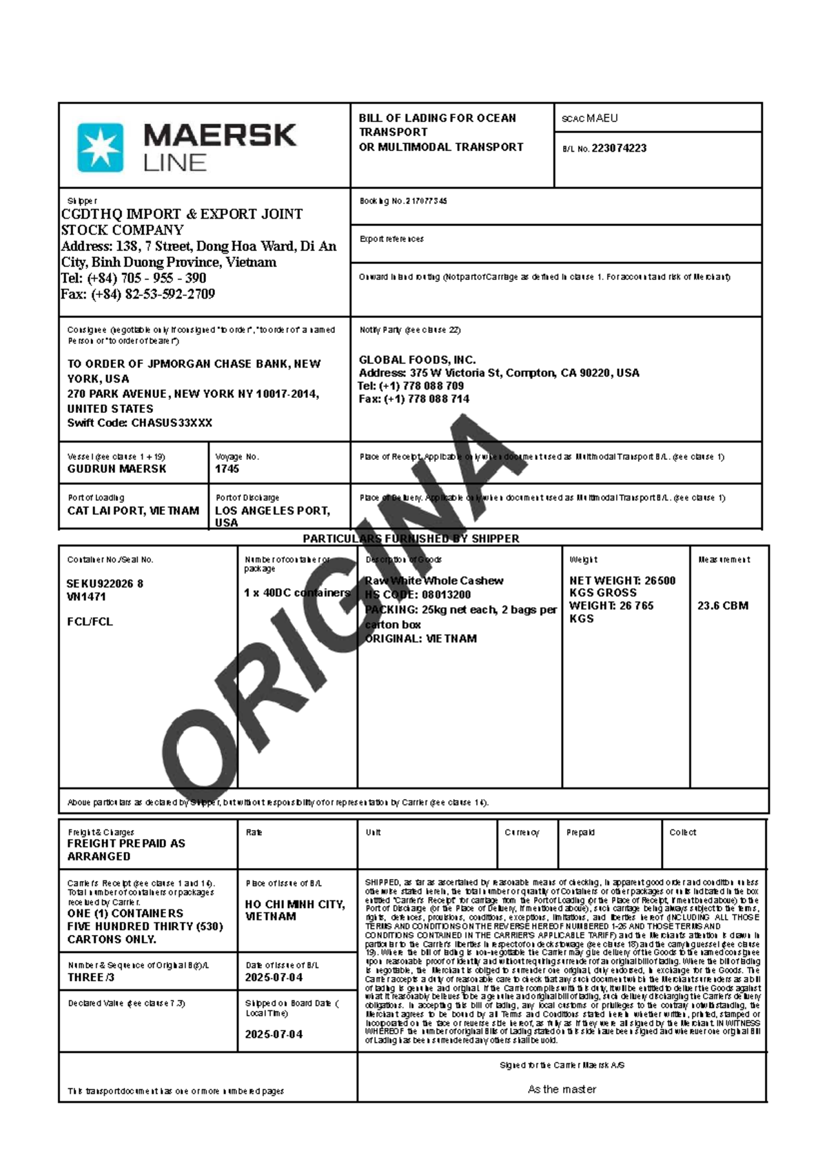 BILL OF LADING - BL Môn XNK for Ocean & Multimodal Transport - Studocu