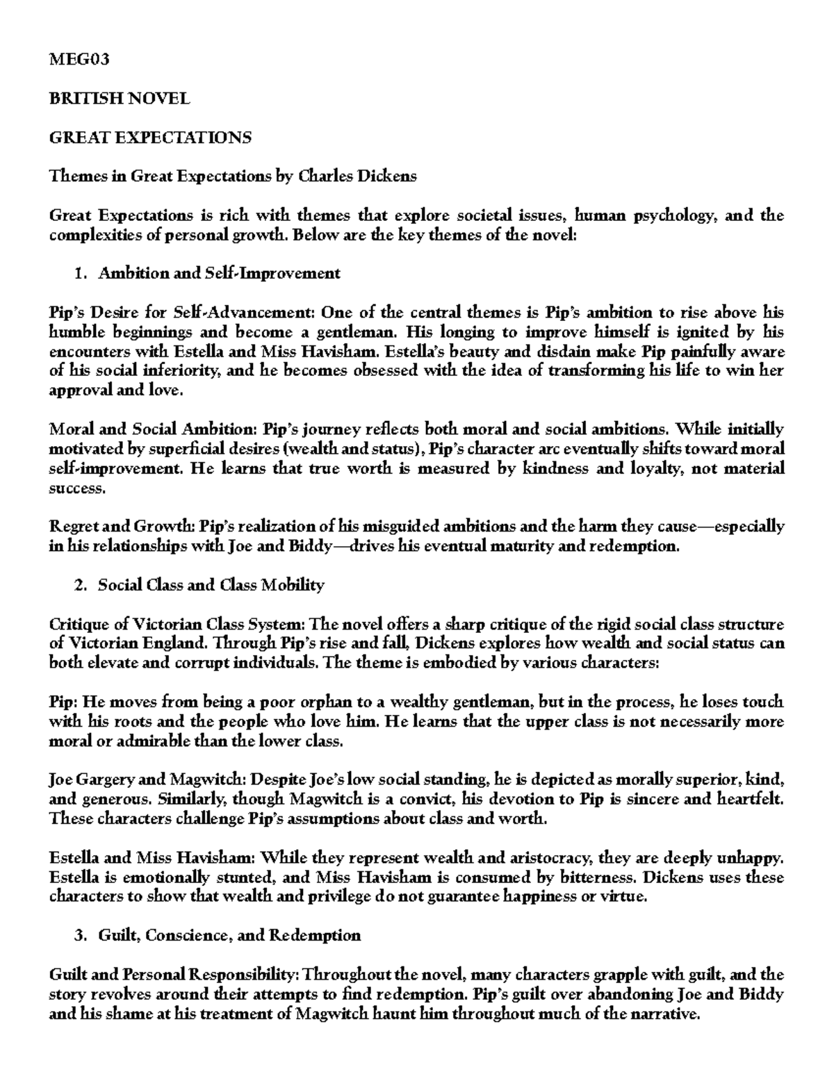 MEG 03 Notes: Key Themes in Great Expectations & Middlemarch Analysis ...