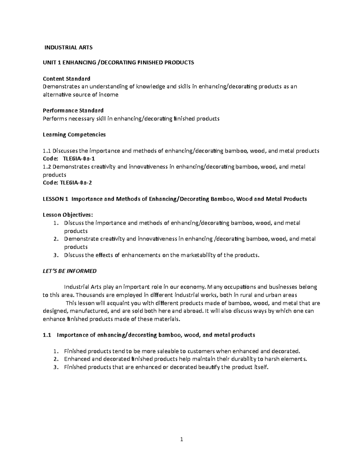 1. Industrial ARTS LM - GOOD - INDUSTRIAL ARTS UNIT 1 ENHANCING ...