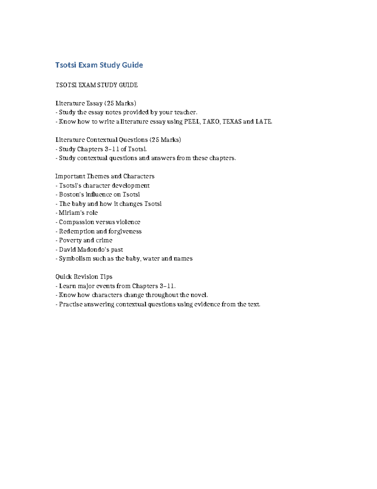 Tsotsi Exam Study Guide: Key Themes & Essay Tips - Studocu