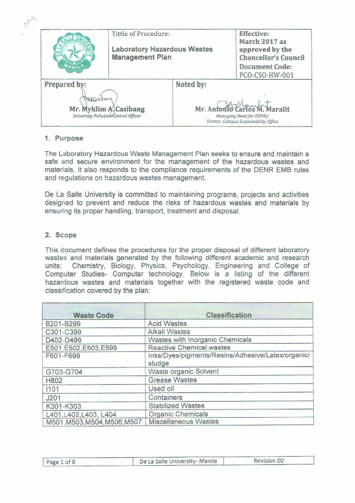 Laboratory Hazardous Waste Management Plan: DLSU Procedures ...