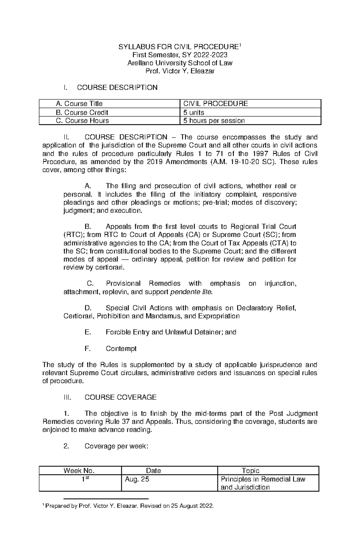 Syllabus for Civil Procedure 1 (SY 2022-2023) by Prof. Eleazar - Studocu