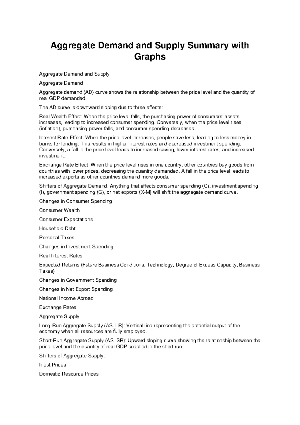 Aggregate Demand and Supply Notes (Econ 101) - Studocu
