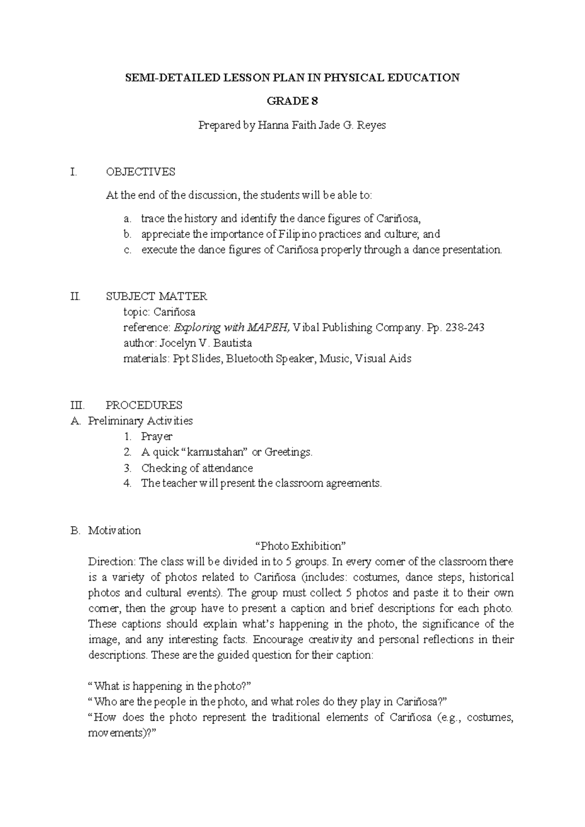 SEMI-DETAILED LESSON PLAN IN PE (GRADE 8): THE DANCE OF CARIÑOSA - Studocu