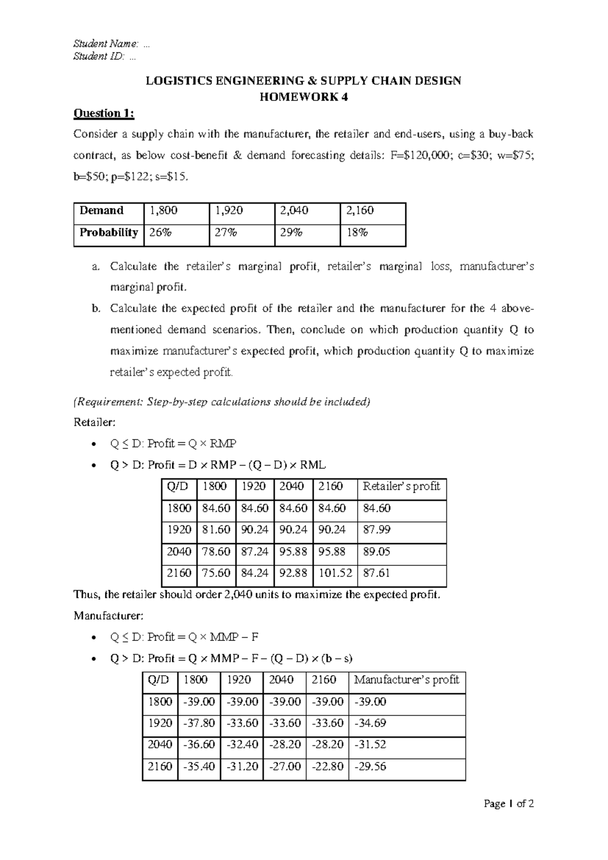 LOGISTICS ENGINEERING SUPPLY CHAIN DESIGN HW 4 Solutions - Studocu