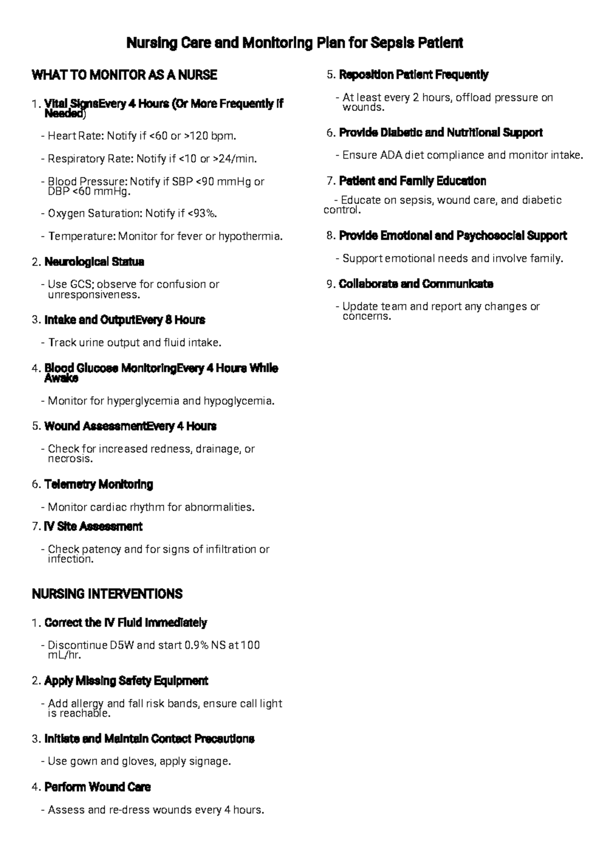 Nursing Care Plan for Sepsis Patients: Monitoring & Interventions - Studocu