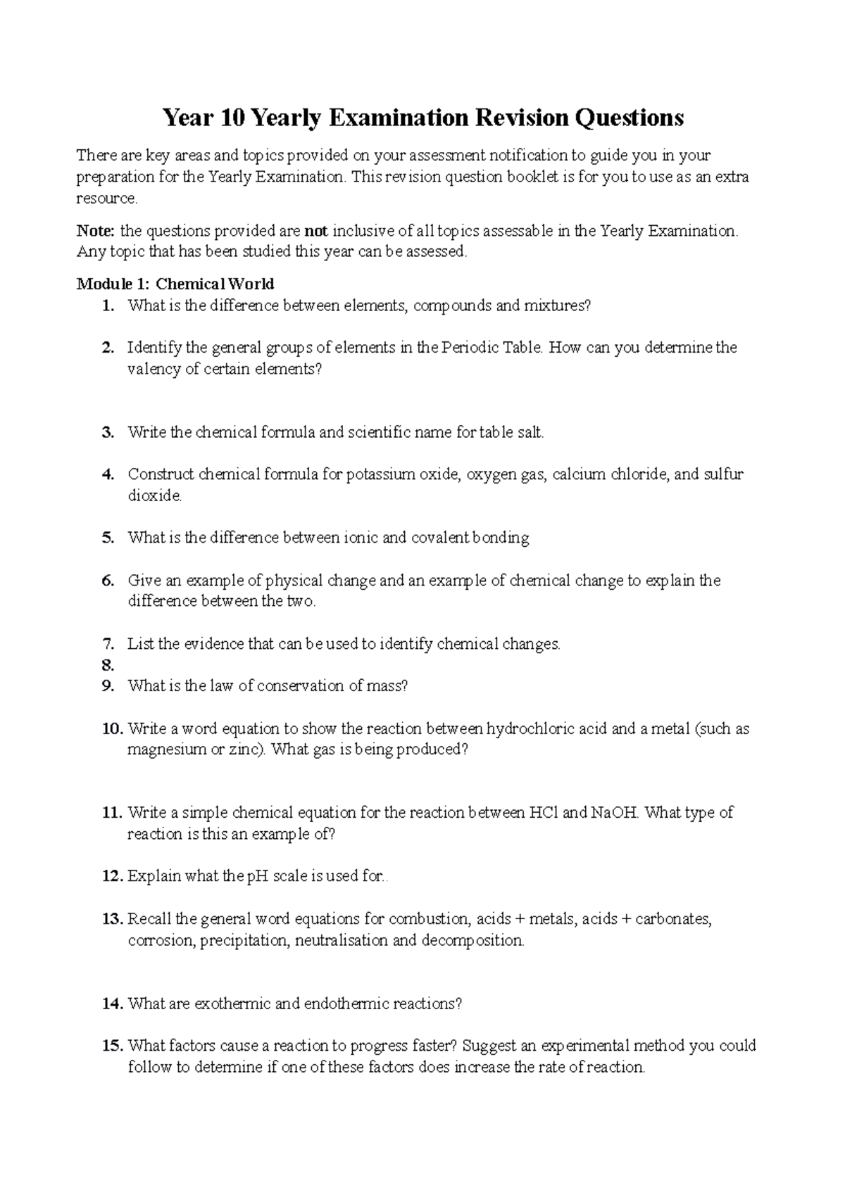 Year 10 Science Yearly Exam Revision Questions & Key Topics - Studocu