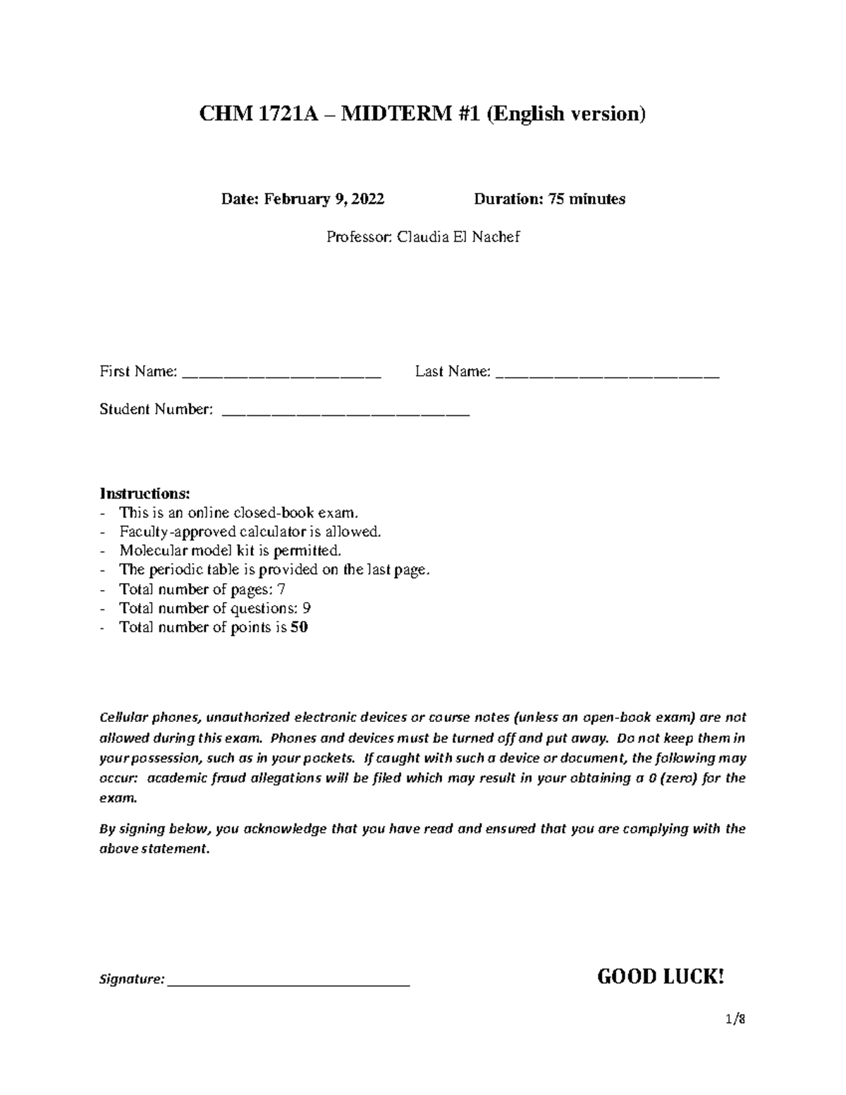 W2022-Midterm 1 - Midterm 1 practice - CHM 1721 A – MIDTERM #1 (English ...