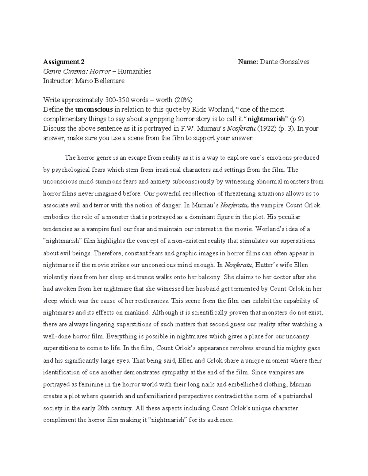 Assignment 2: Analyzing Horror in F.W. Murnau's Film - Studocu