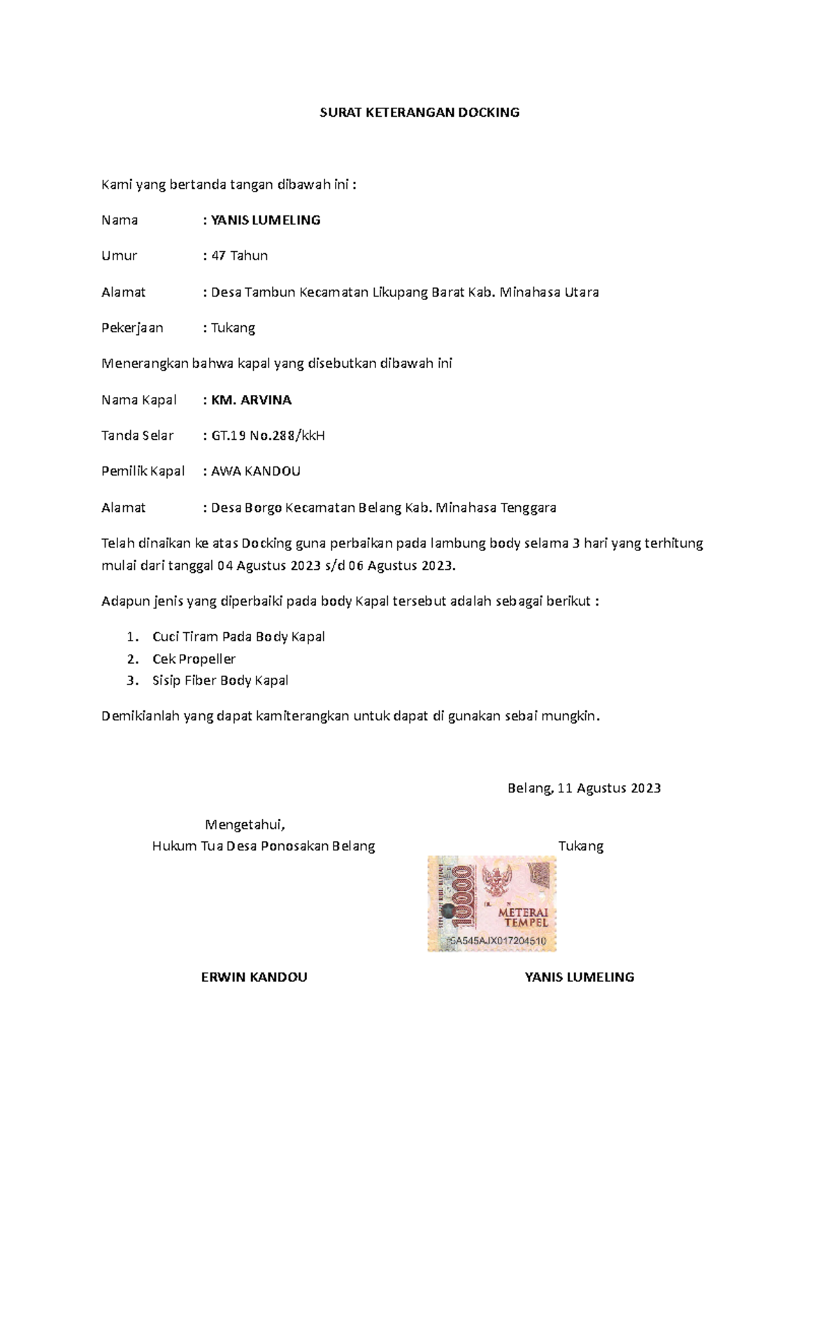 Surat Keterangan Docking Kapal KM. ARVINA dan KM. ARVINA MAJO 02 - Studocu