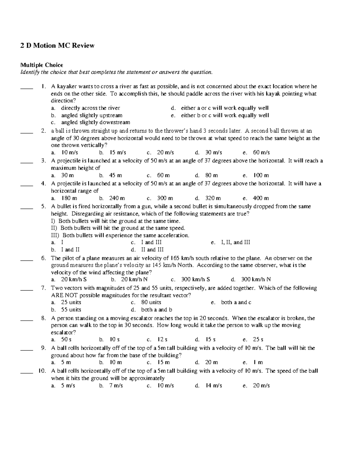 2 D Motion MC Review-1 - A review of unit 2 - 2 D Motion MC Review ...