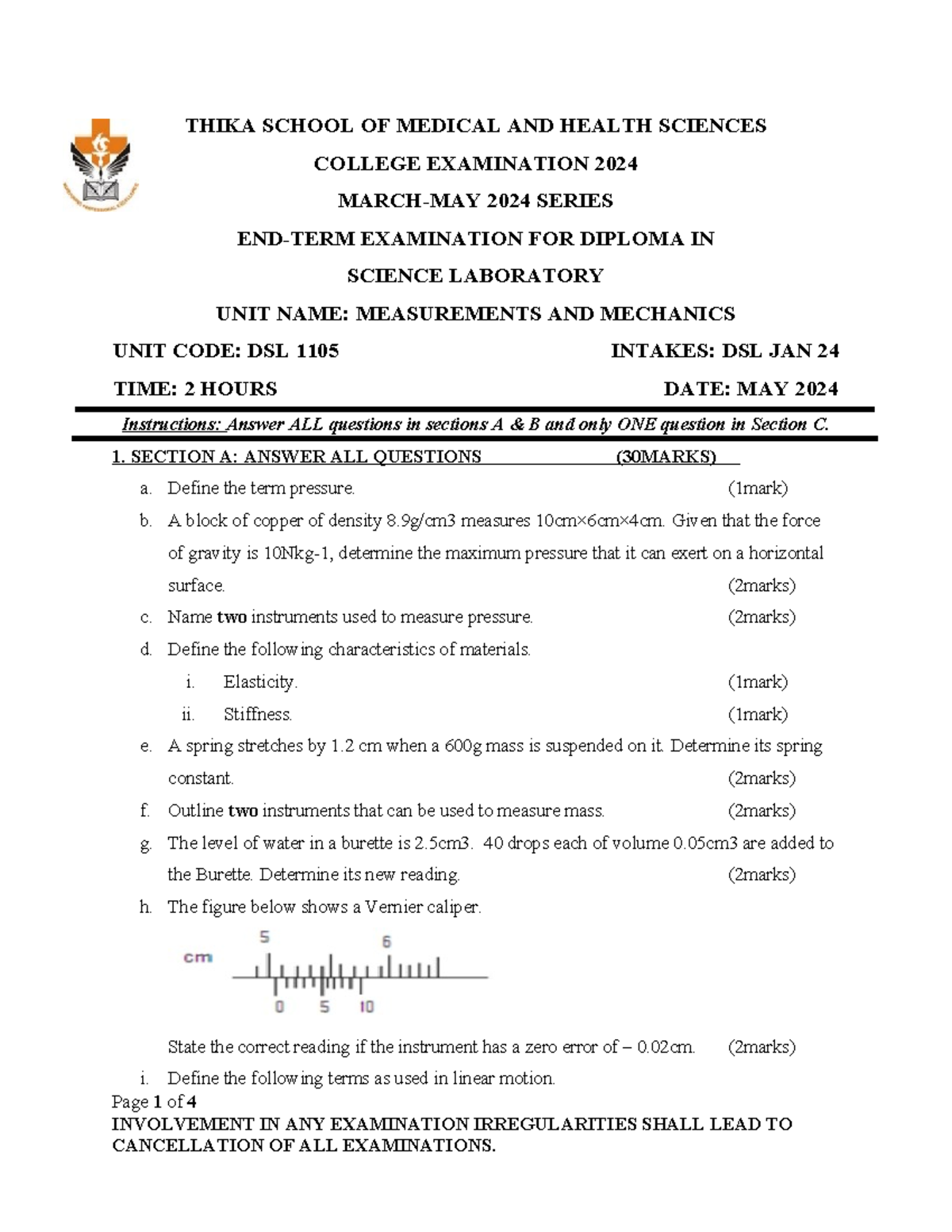 Measurements and Mechanics Exam Paper - DSL 1105, May 2024 - Studocu