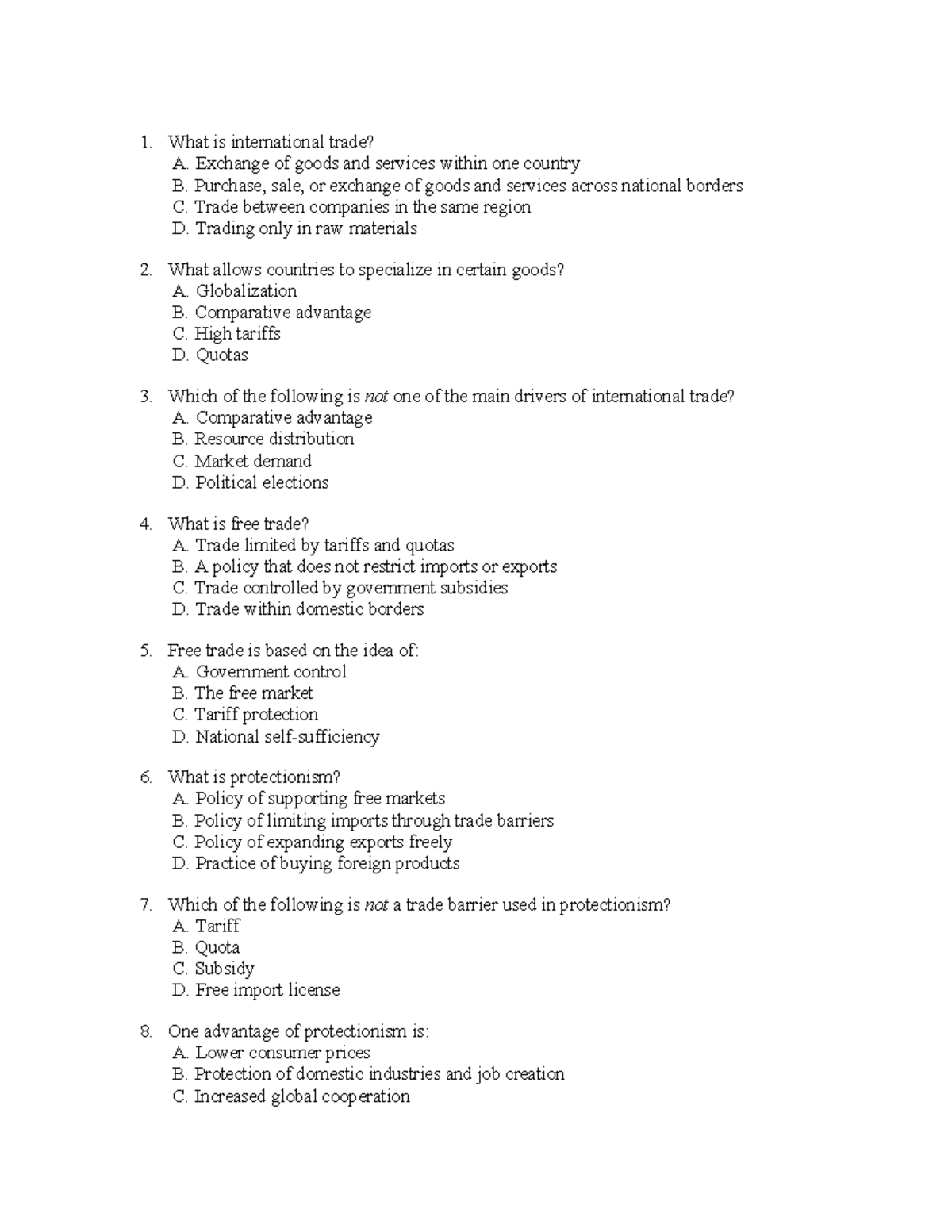 TACN Final Exam Questions on International Trade Concepts - Studocu