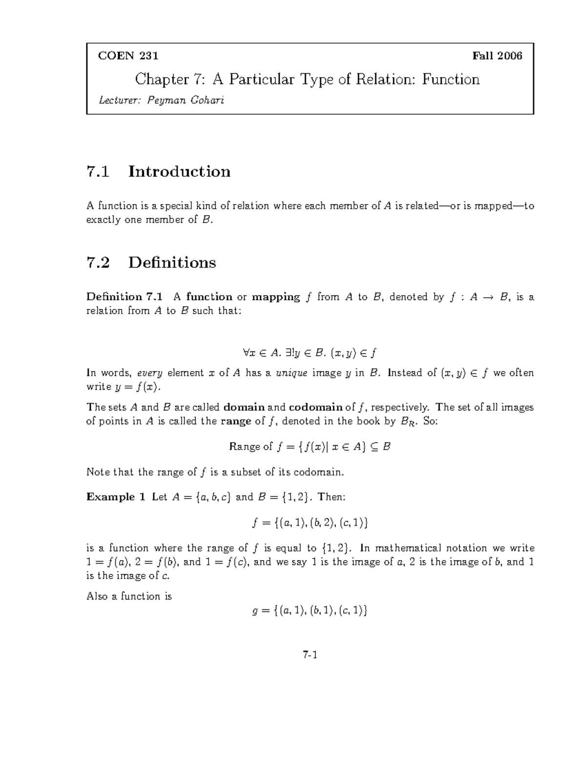7 - COEN 231 chapter 7 - COEN 231 Fall 2006 Chapter 7: A Particular Type of Relation: Function ...