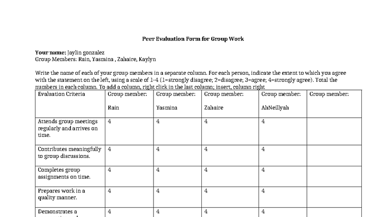HSMP 101 Peer Evaluation Form for Group Work - Studocu