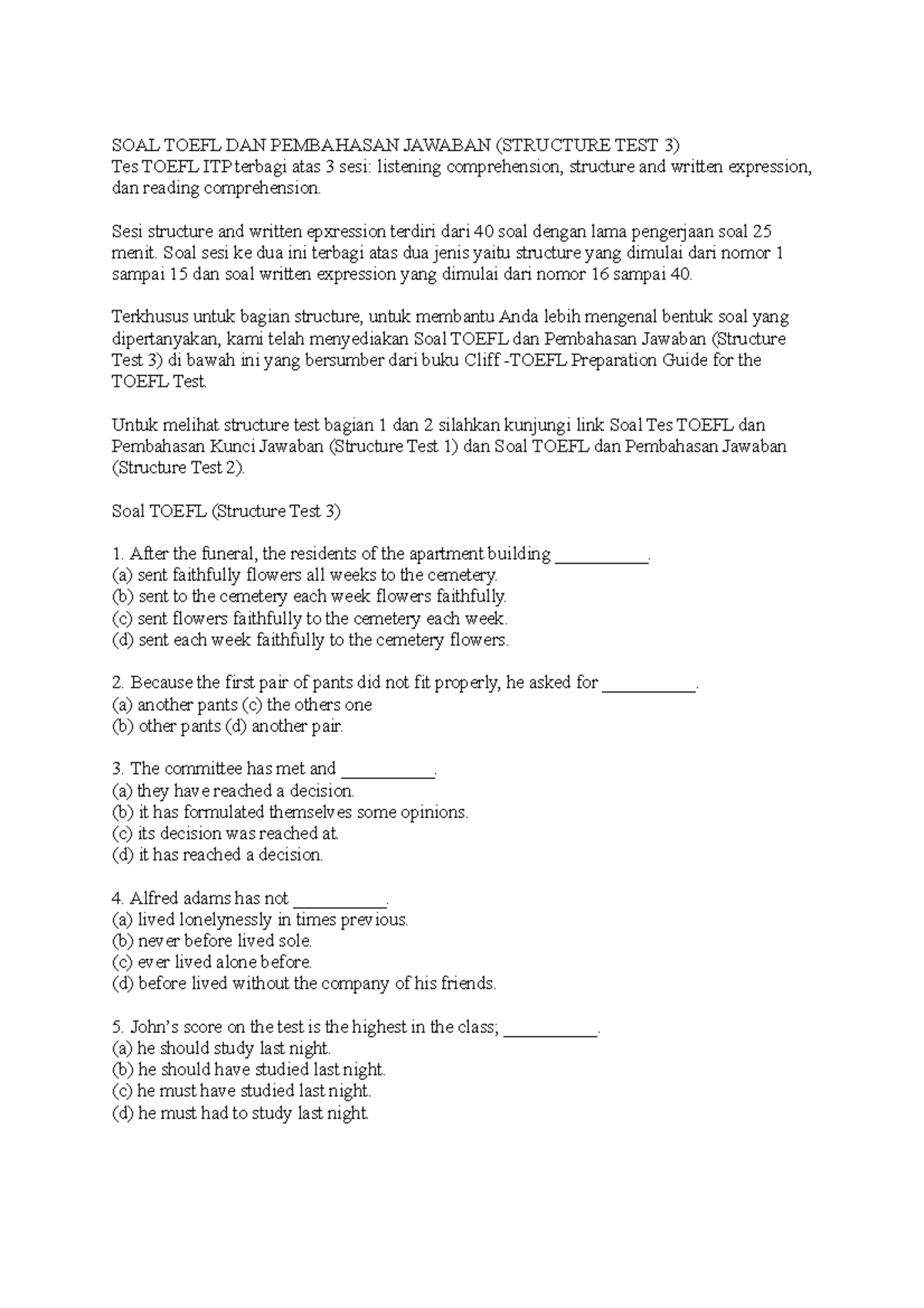 SOAL TOEFL dan Pembahasan Jawaban (Structure Test 3) - Studocu
