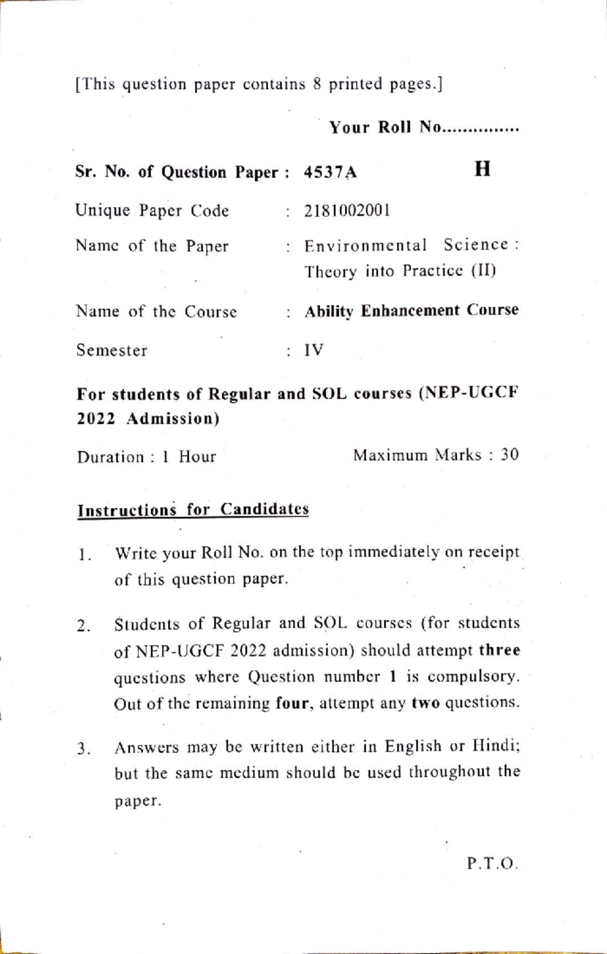 AEC EVS II 2024 - Previous Year Question Paper - Studocu