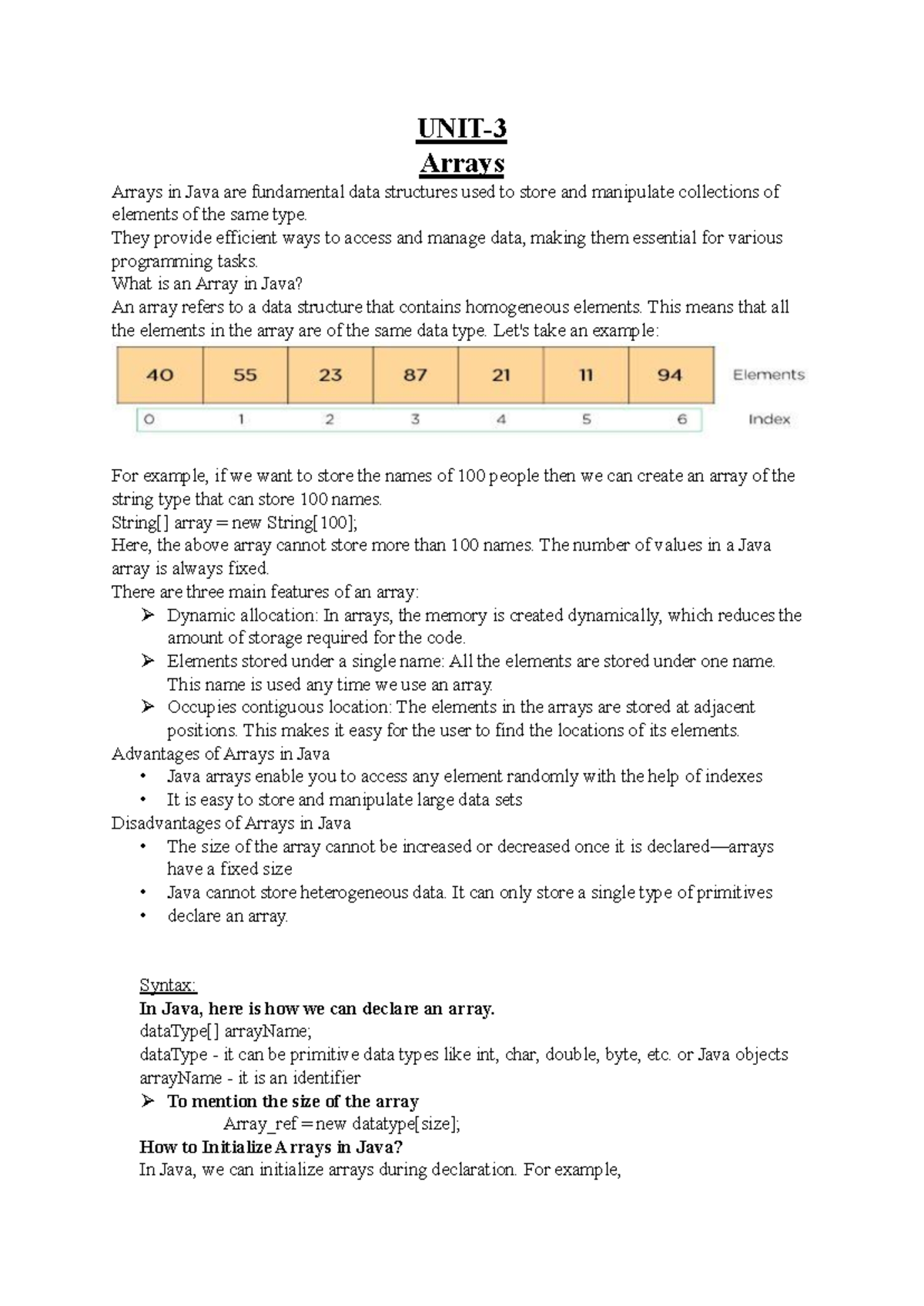 Java UNIT-3-1 Notes: Understanding Arrays in Java - Studocu