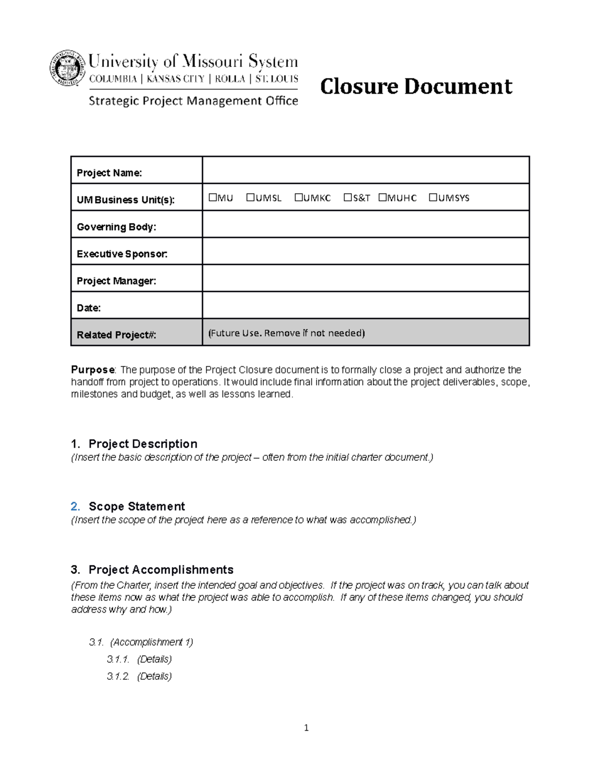 UM Project Closure Document Template for Business Units - Studocu
