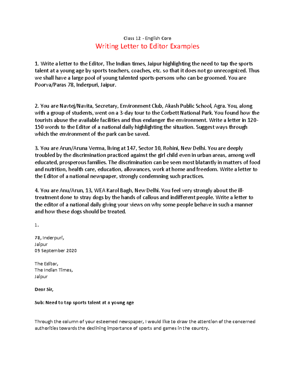 Letters to the Editor Examples - Class 12 English Core - Studocu