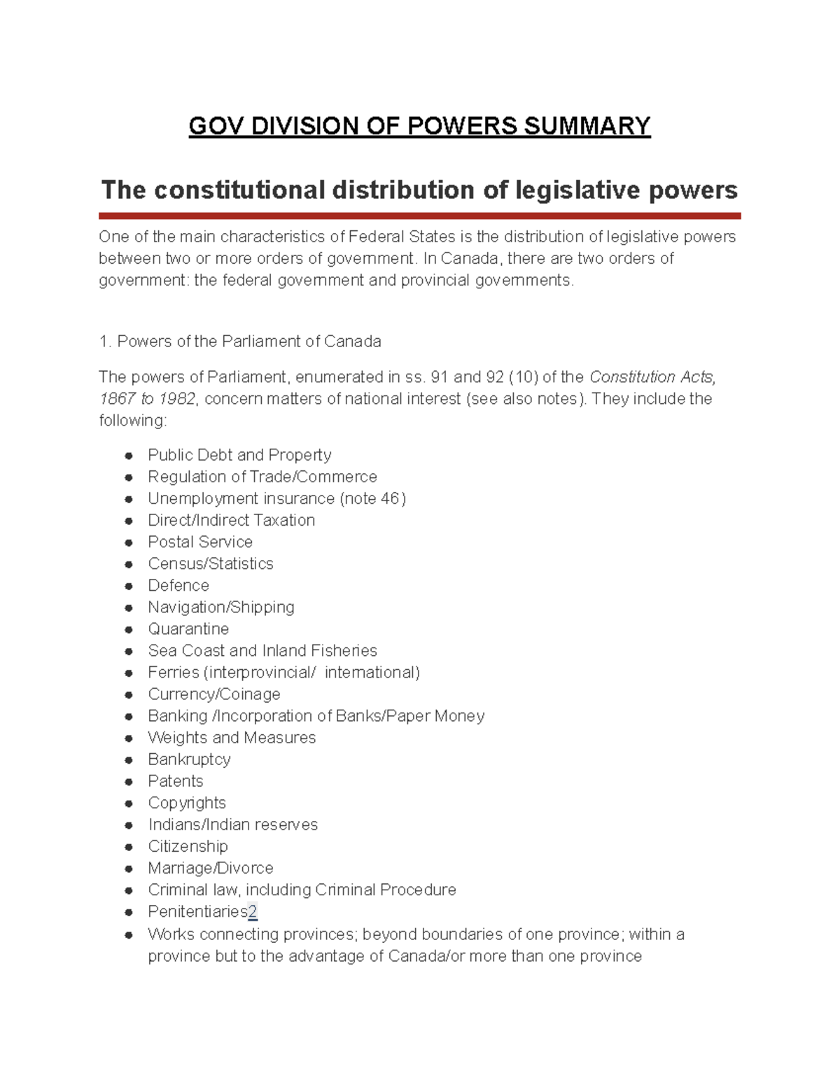 DIVISION OF POWERS: Constitutional Distribution of Legislative ...