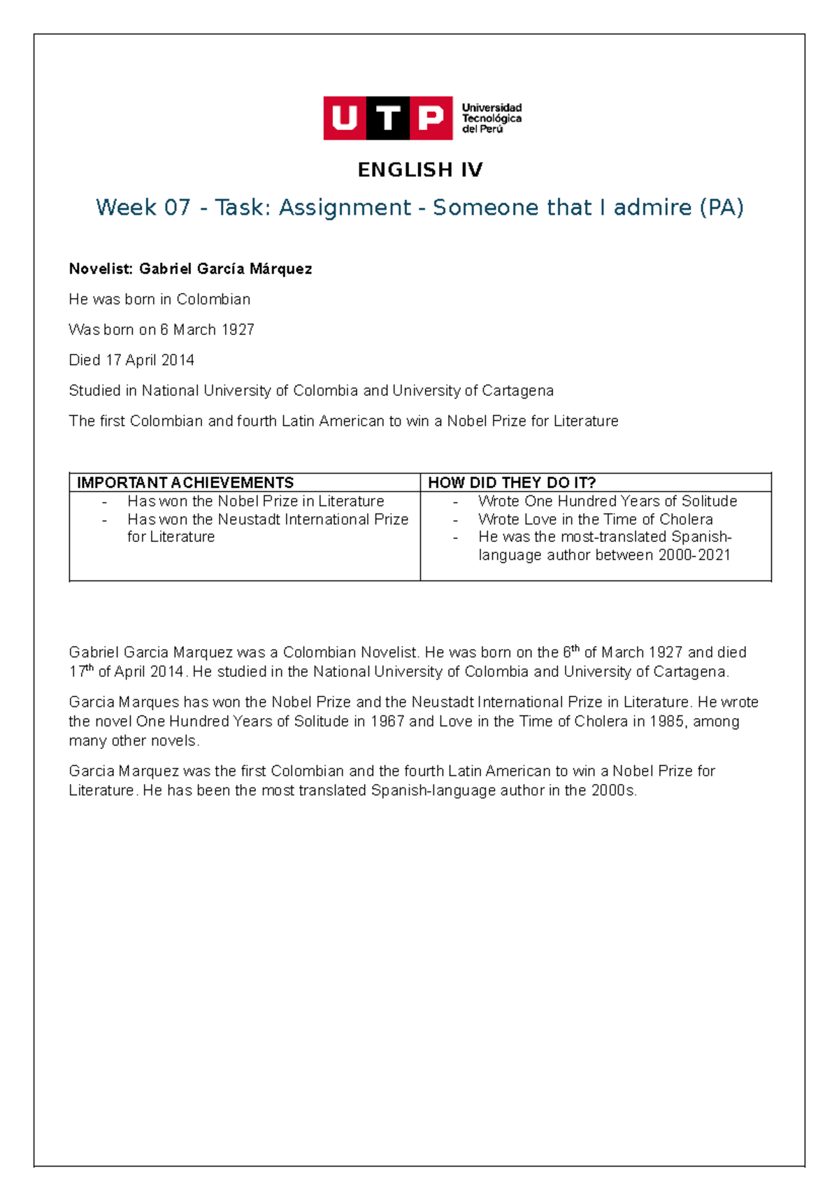 Week7 English IV - ENGLISH IV Week 07 - Task: Assignment - Someone that ...