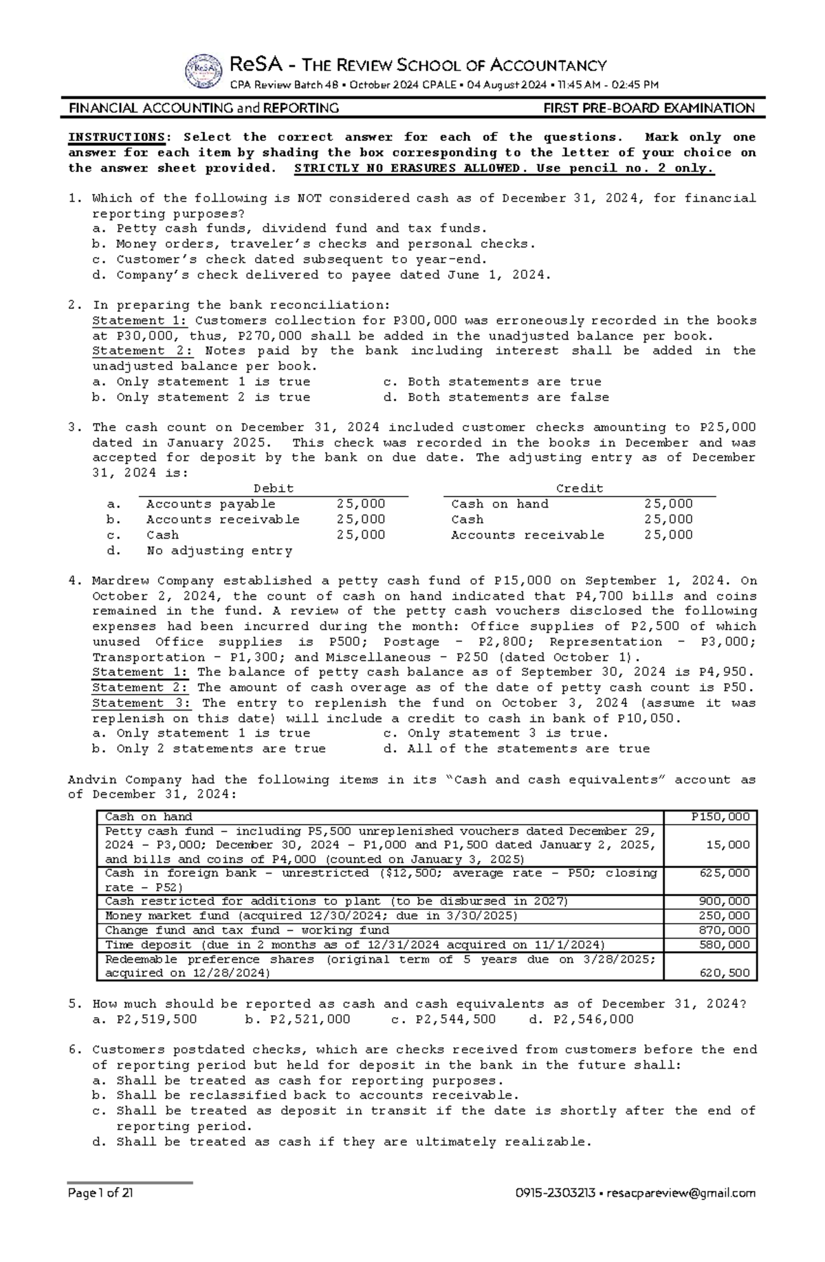 ReSA Batch 48 CPA Review FAR First Exam Questions & Solutions - Studocu