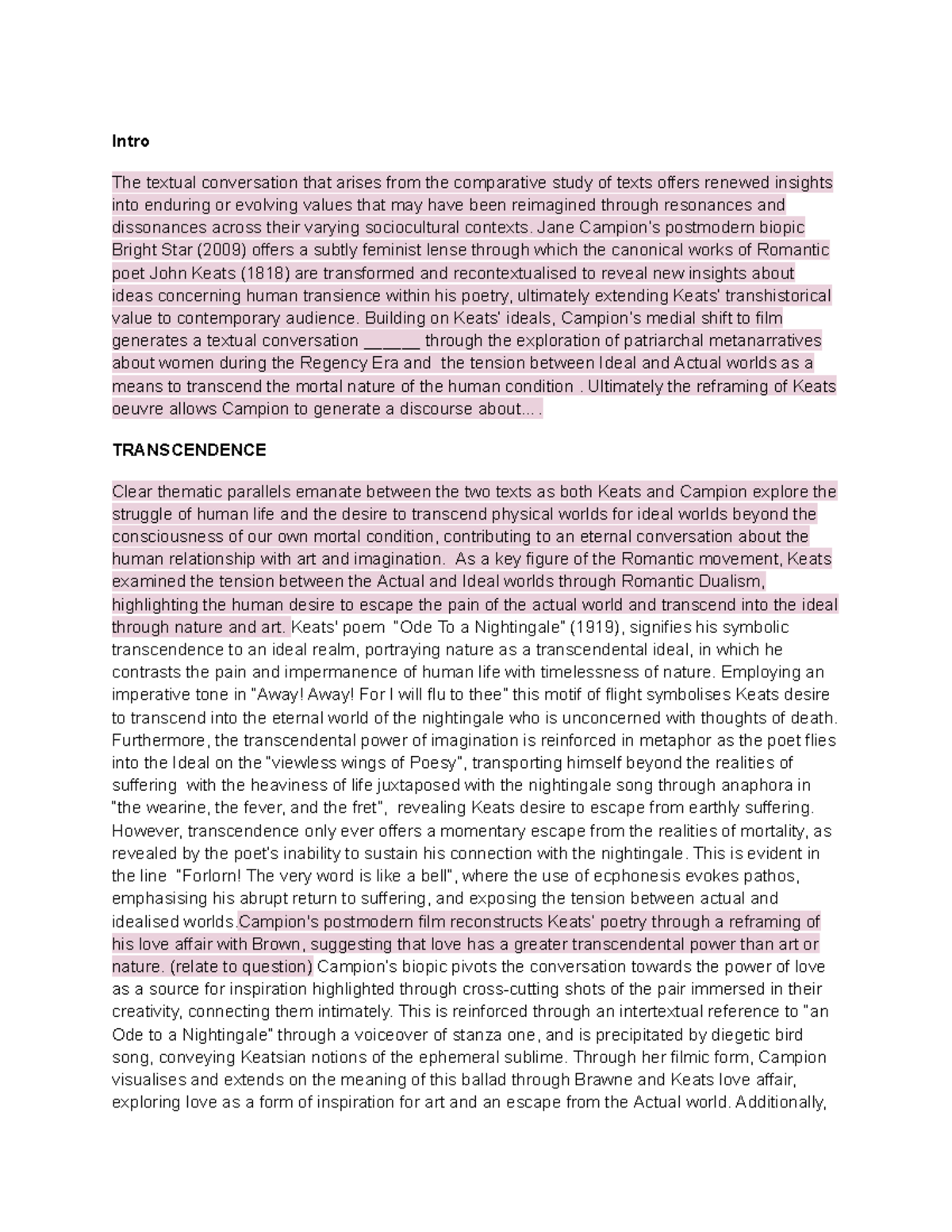 Band 6 Essay: John Keats & Campion's "Bright Star" Analysis - Studocu