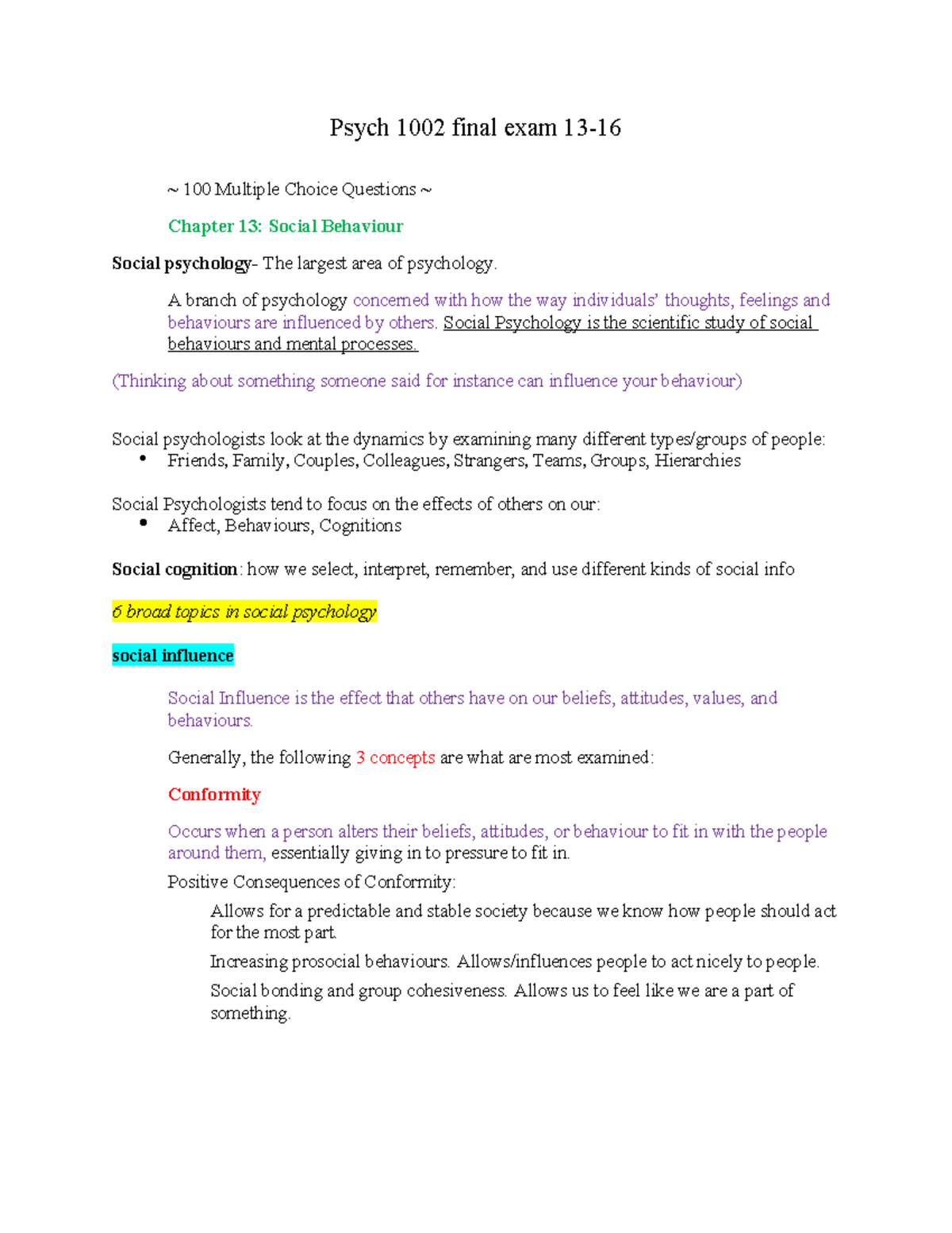 Psych 1002 Final Exam Study Guide: Social Behavior & Stress Concepts ...