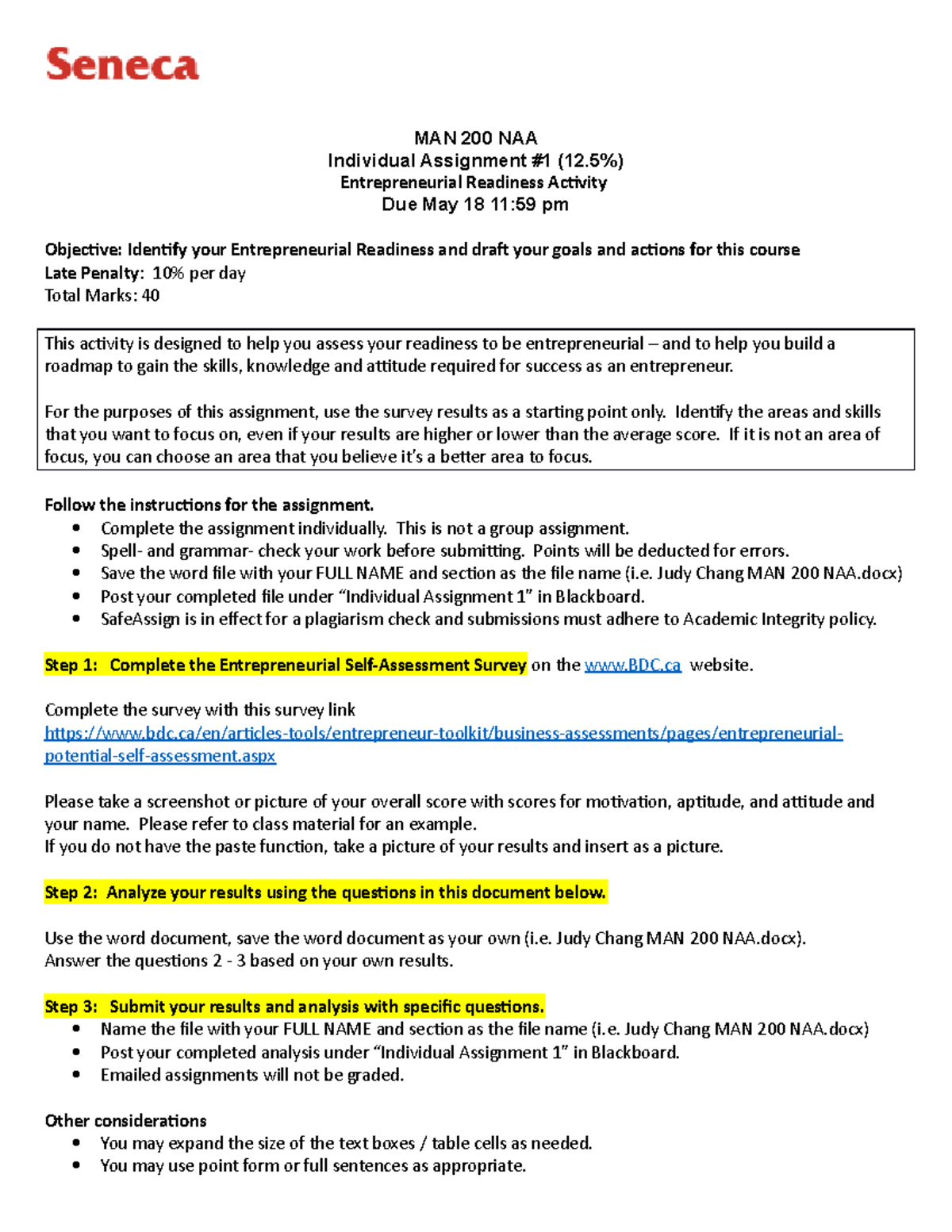 Entrepreneurial Readiness Assessment - MAN200 NAA Individual Assignment - Studocu
