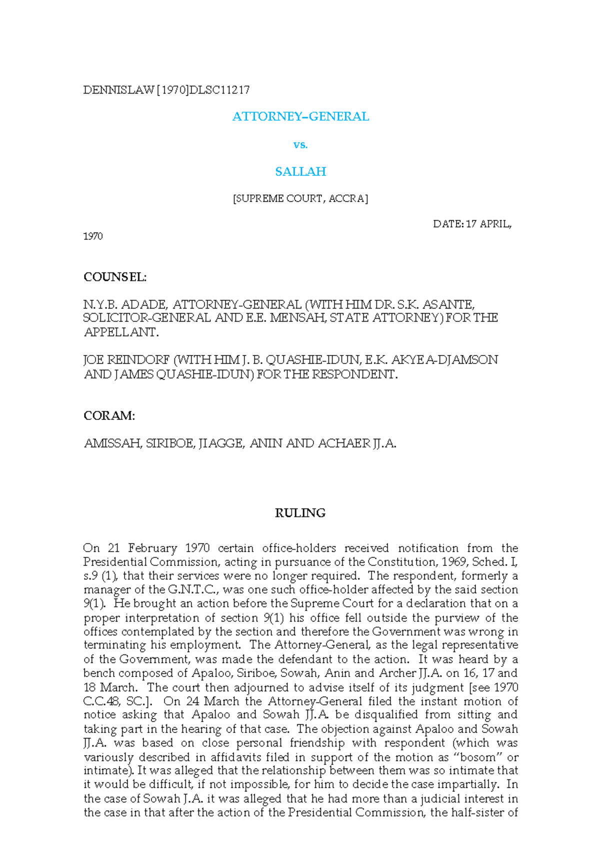 Attorney General vs. Sallah: Ruling on Judicial Bias [1970] DLSC 11217 ...