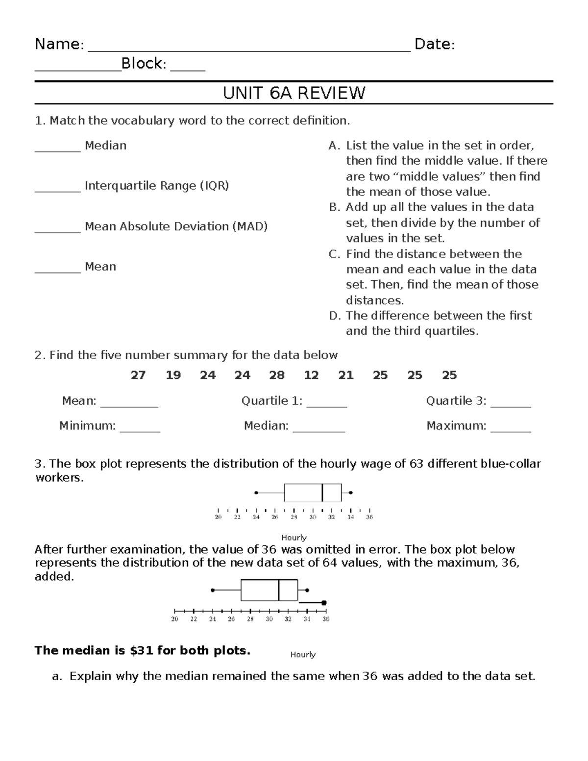 Unit 6A Math Review: Stats Terms, Data Summary & Analysis - Studocu