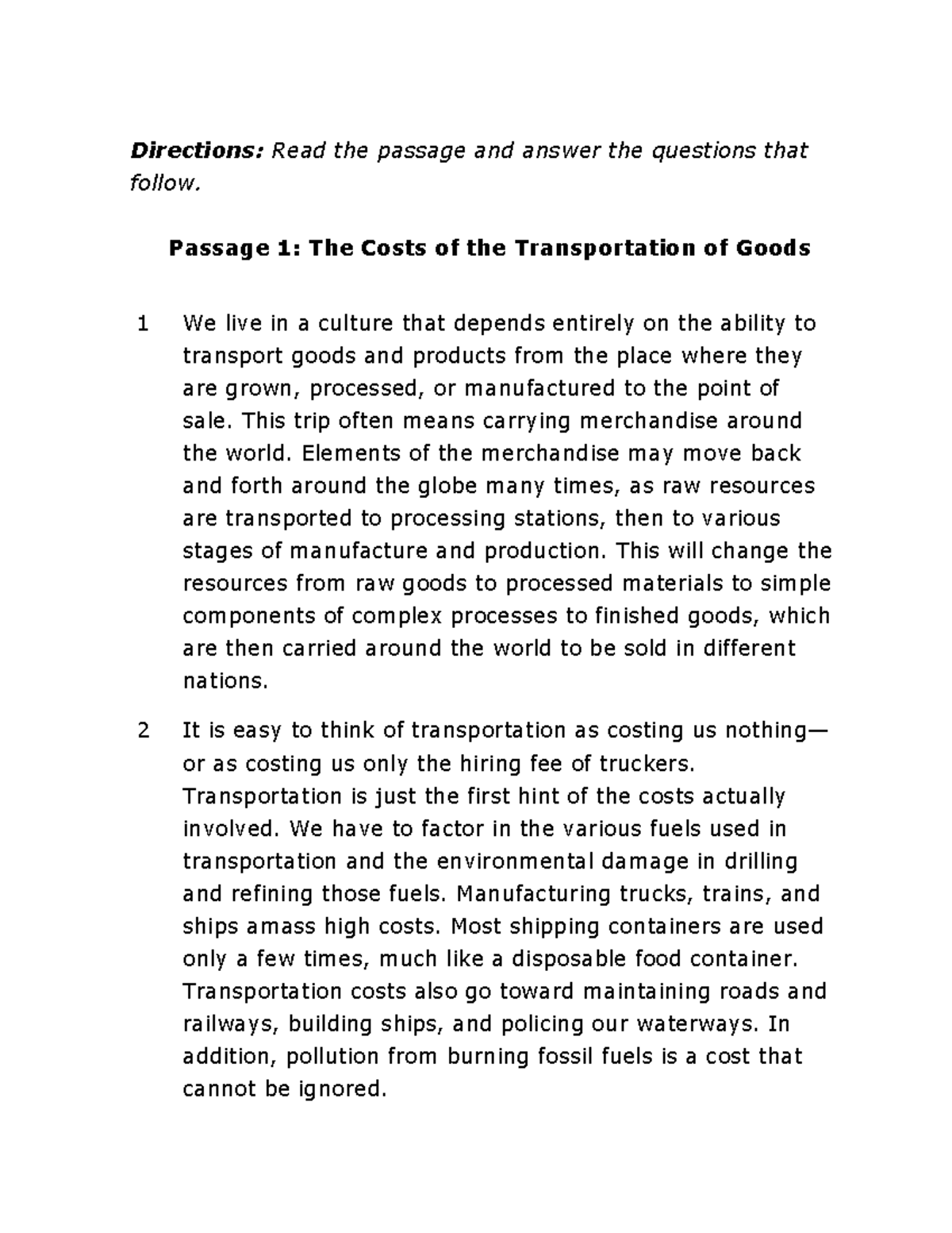 GR09 ELA USA03 PB FY25 Passage 1: Costs of Transportation of Goods ...