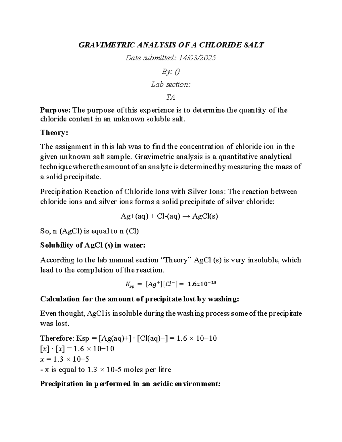 Gravimetric Analysis of Chloride Salt: Lab 2 CHEM 1101 Report - Studocu
