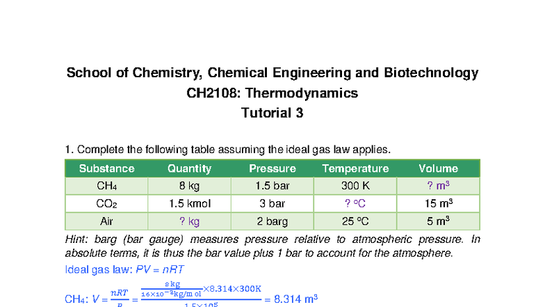 CH2108: Thermodynamics Tutorial 3 Solutions and Calculations - Studocu