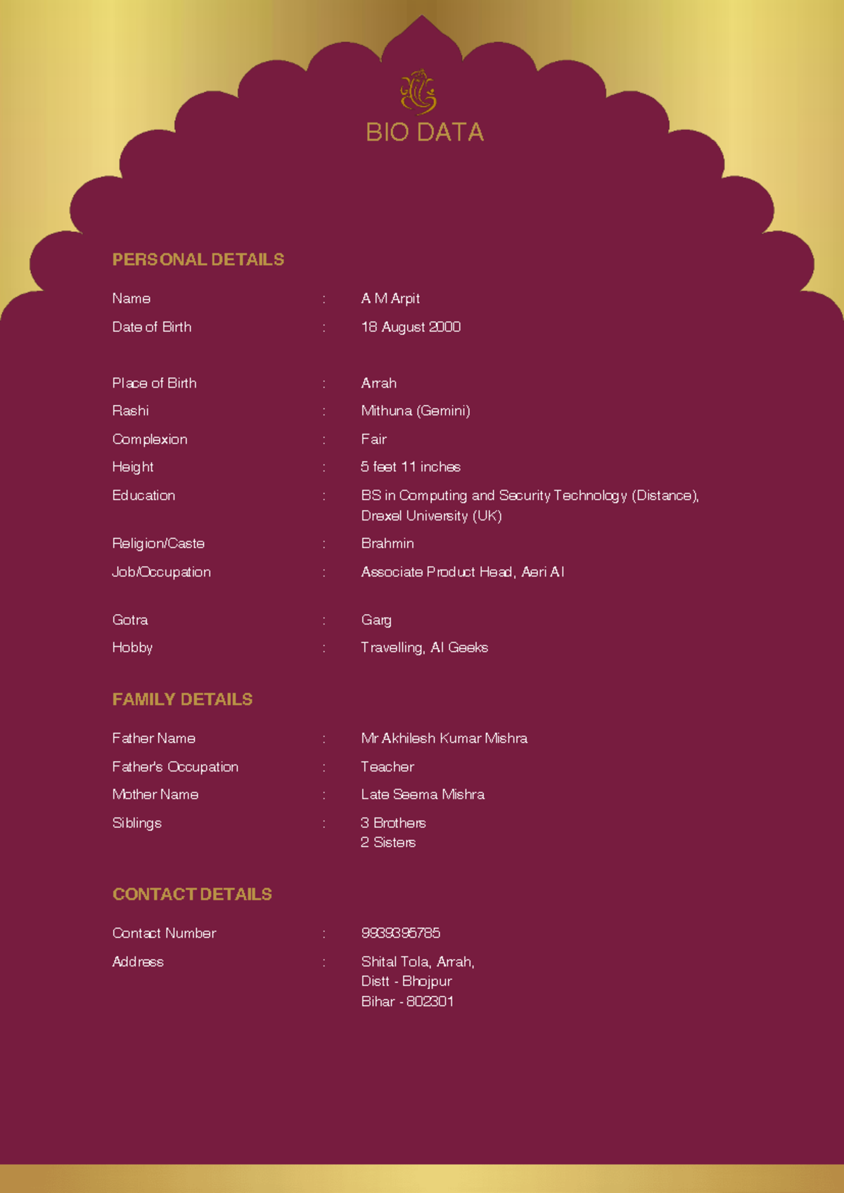 Biodata of A M Arpit (BS in Computing & Security Tech) - Studocu