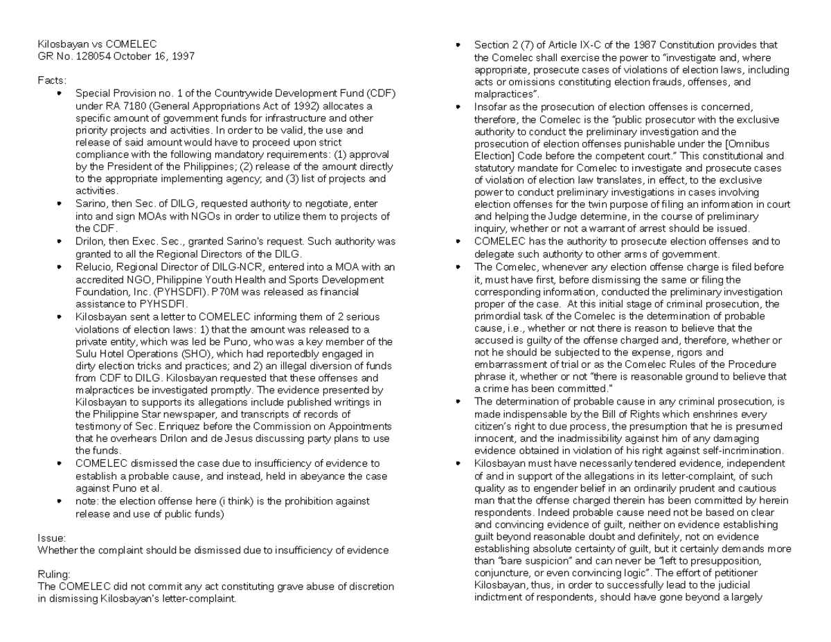 Document (35) - elec law - Kilosbayan vs COMELEC GR No. 128054 October ...