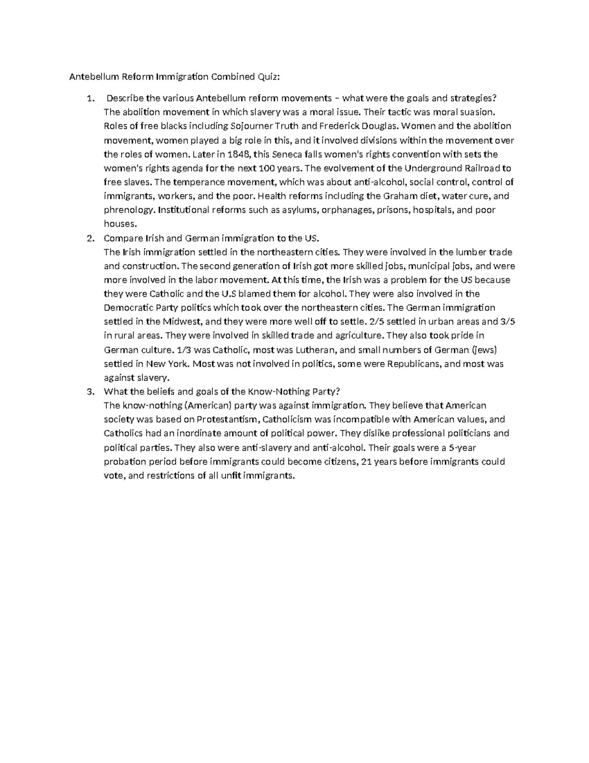 Antebellum Reform & Immigration Combined Quiz (US History) - Studocu