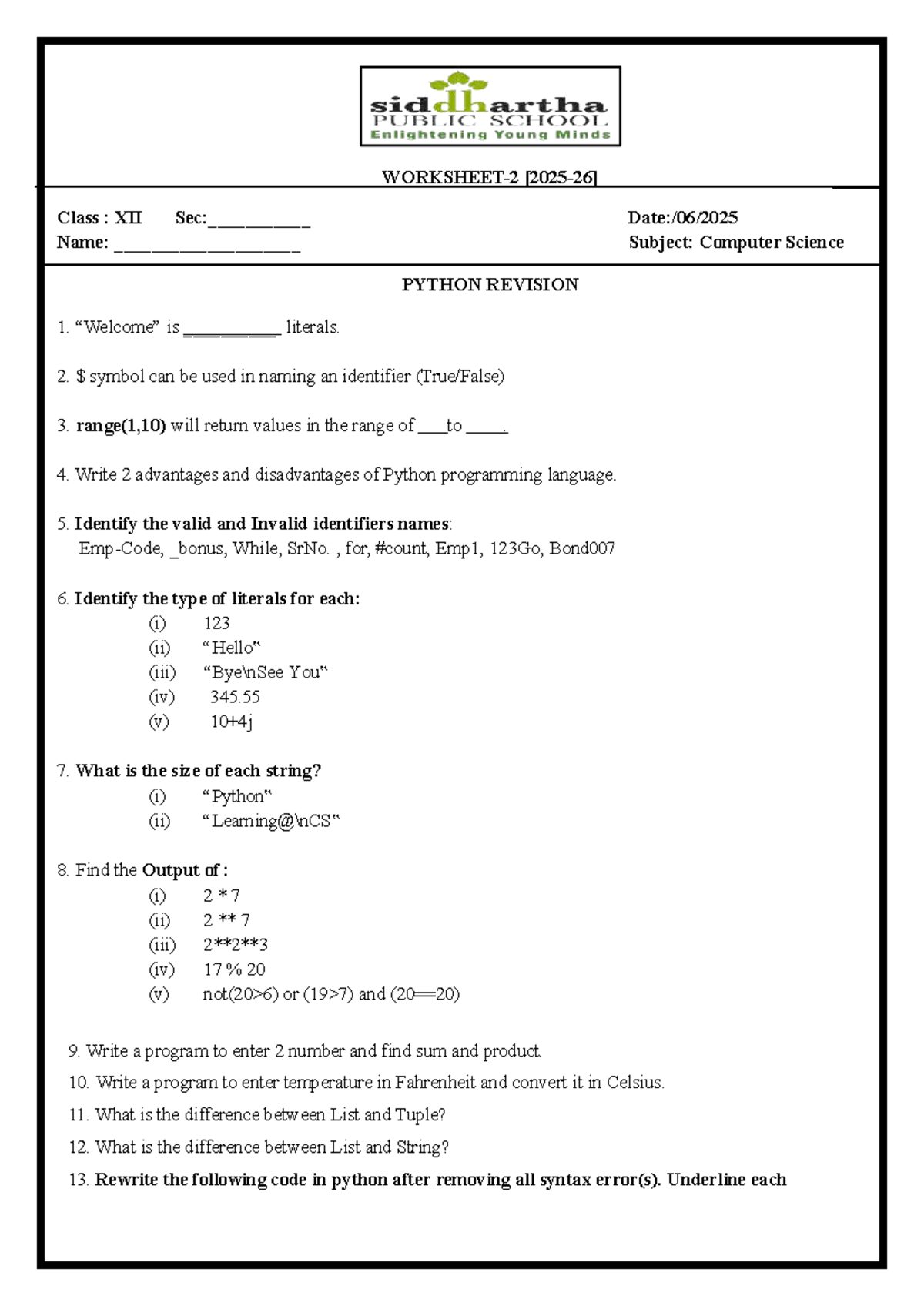 CS Grade 12 Computer Science Python Revision Notes - Studocu