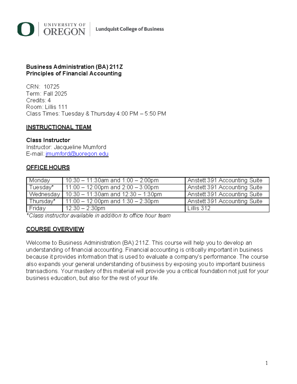 Business Administration BA 211Z: Principles of Financial Accounting ...