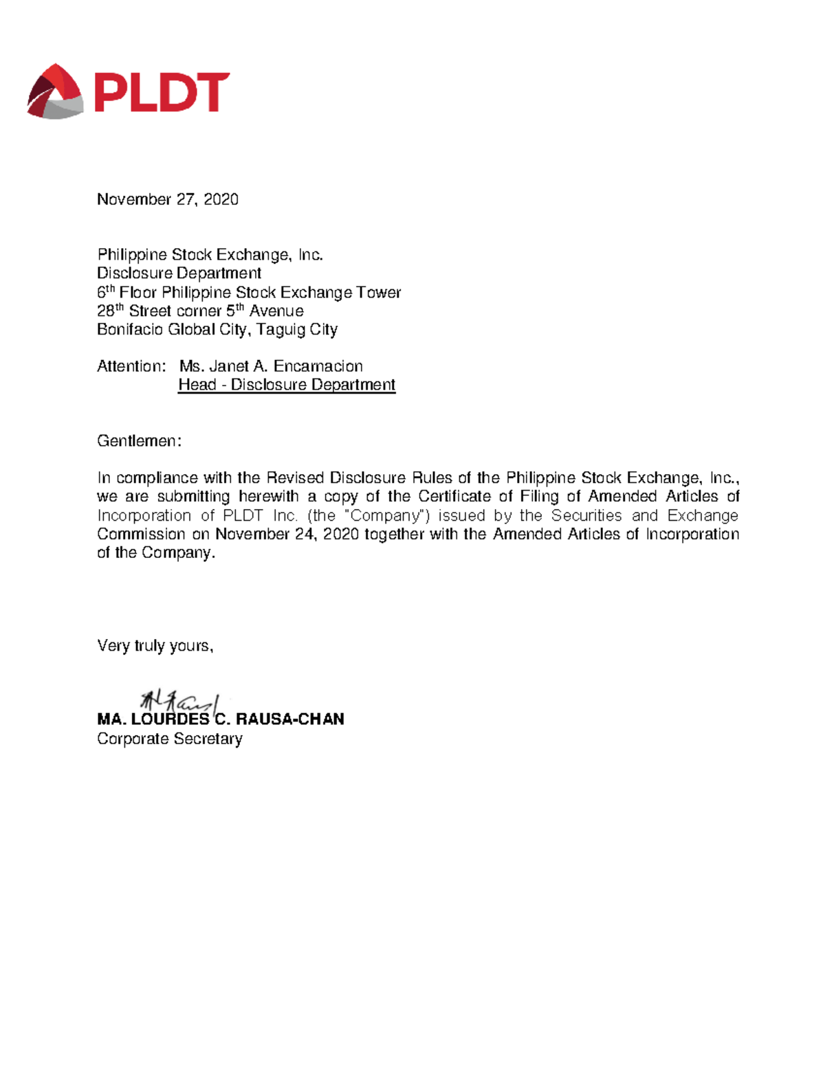 PLDT Articles of Incorporation - Latest Amended Version 2020 - Studocu