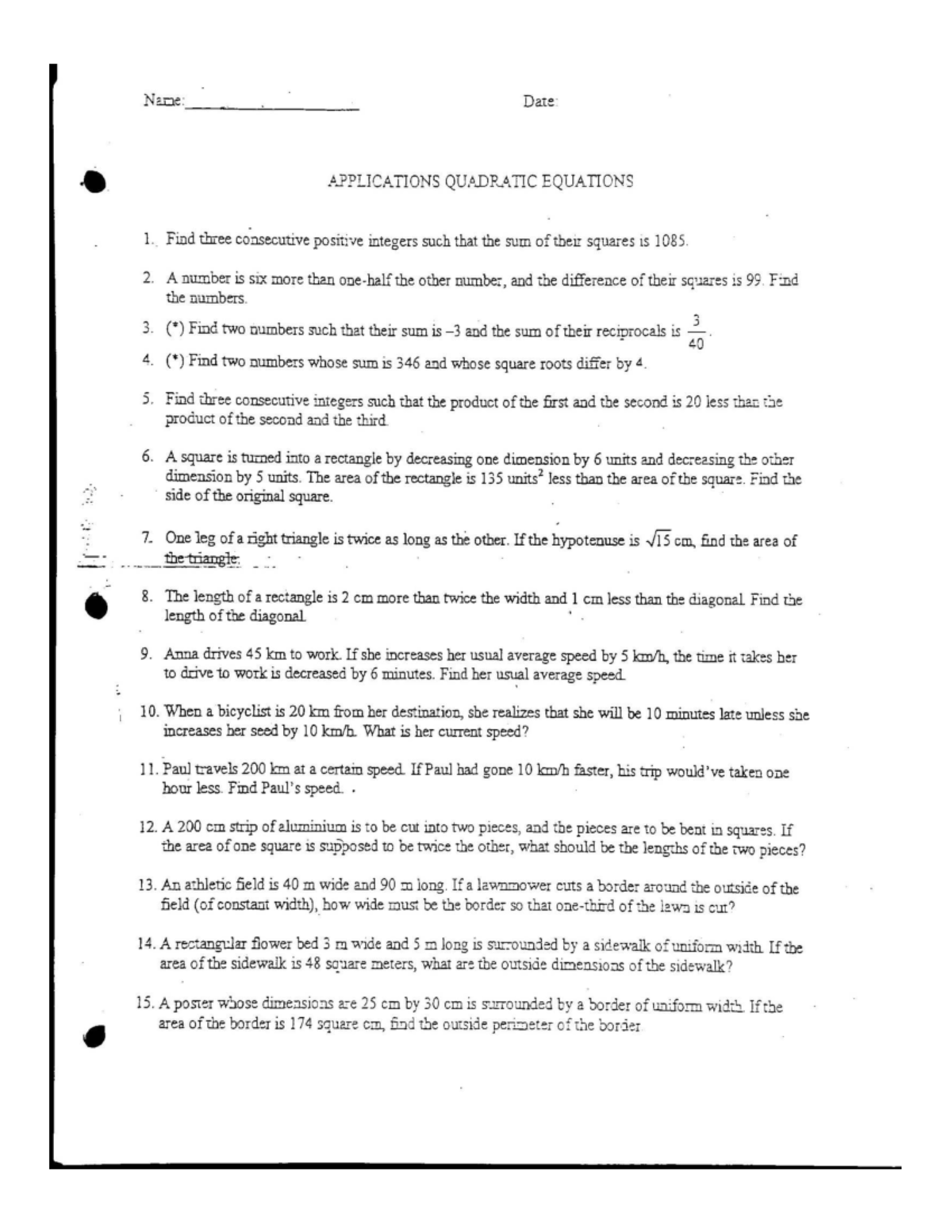 Applications of Quadratic Equations: Problem Set and Solutions - Studocu